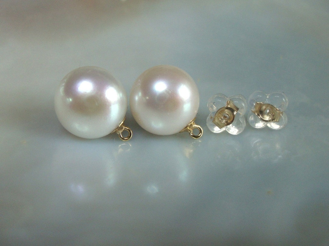 14K Gold Pearl Earring Posts, Parallel Closed Loop, AAAA Creamy White ...