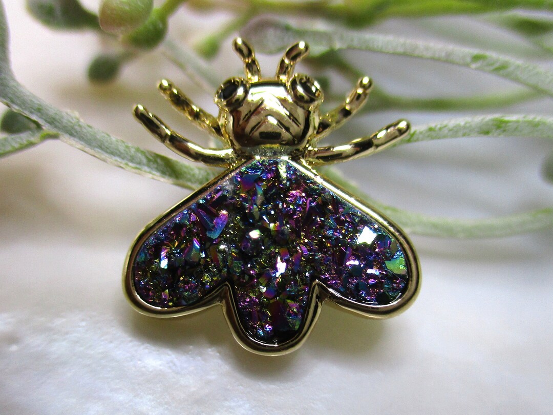 Natural Druzy Crystal Bee, 18K Gold Plate 3D Honeybee Pendant, Druzy ...