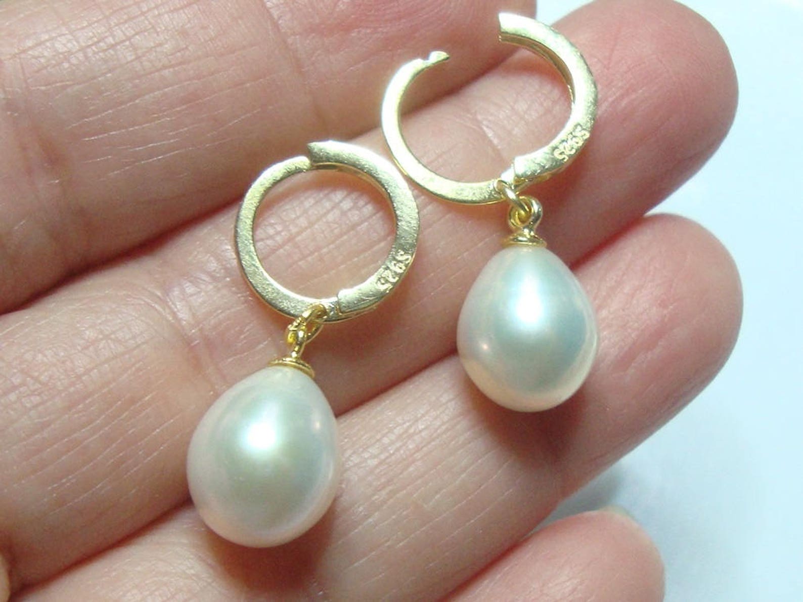 9-10mm Large Real Natural Teardrop Pearl Earrings, 925 Sterling Silver ...