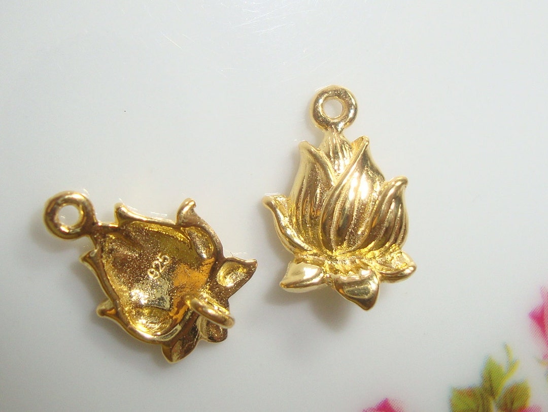 3D Lotus Flower Bud Connector Link, 2 Pcs, 14x9mm, 24K Gold on 925 ...