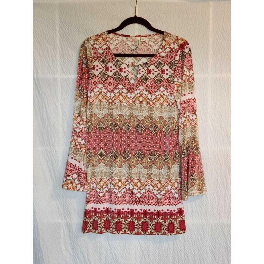 Tacera Women's Multicolor Medallion Print Long Bell Sleeve Shift Dress ...