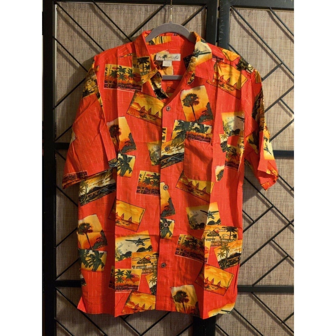 Joe Marlin Mens Aloha Hawaiian Shirt Tropical Beach Scene Red Size L - Etsy