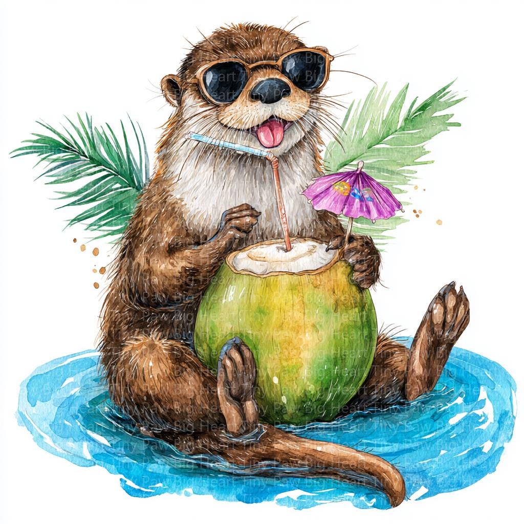 Quirky Summer Otter Drinking Coconut Clipart Tropical Vacation Otter ...