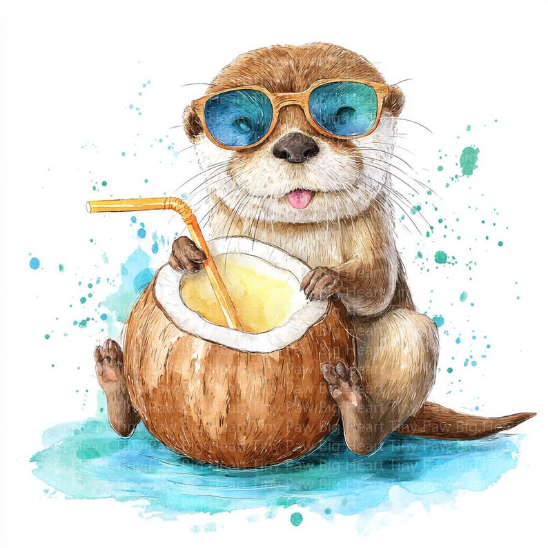 Quirky Summer Otter Drinking Coconut Clipart Tropical Vacation Otter ...