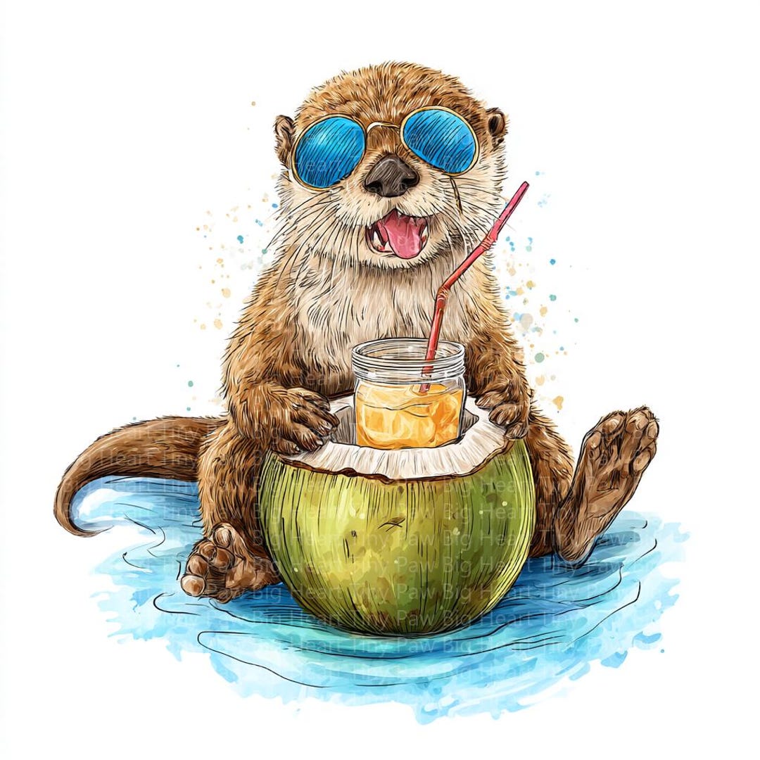 Quirky Summer Otter Drinking Coconut Clipart Tropical Vacation Otter ...