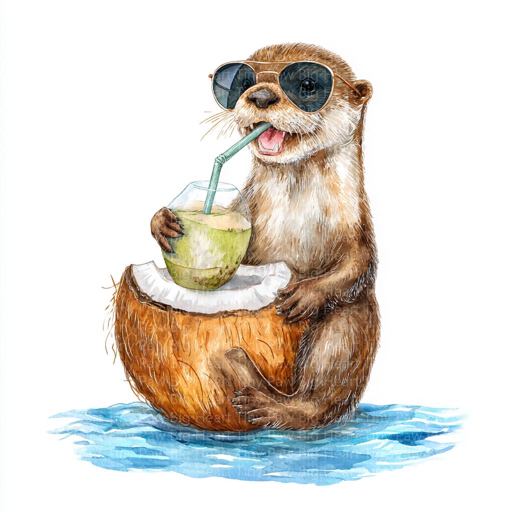 Quirky Summer Otter Drinking Coconut Clipart Tropical Vacation Otter ...