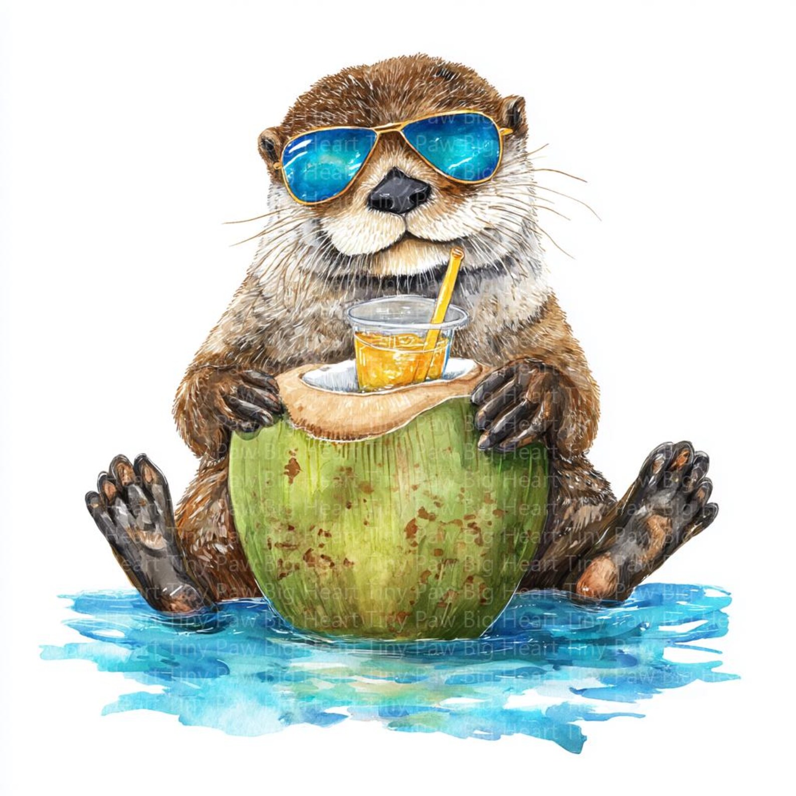 Quirky Summer Otter Drinking Coconut Clipart Tropical Vacation Otter ...