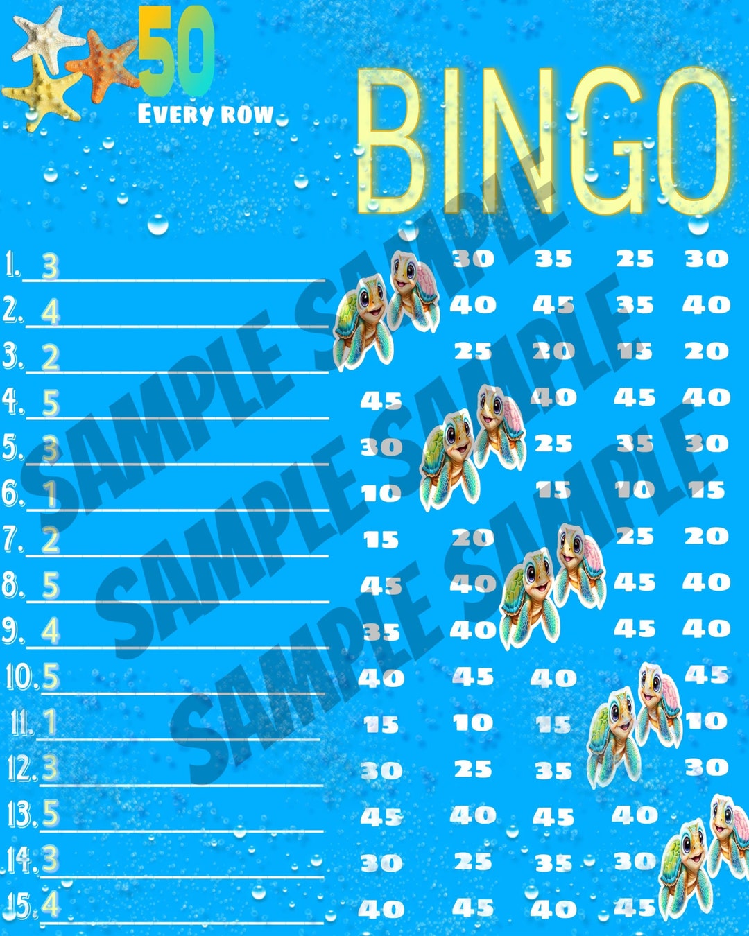 Sea Turtle Bingo Board 50 WTA - Etsy