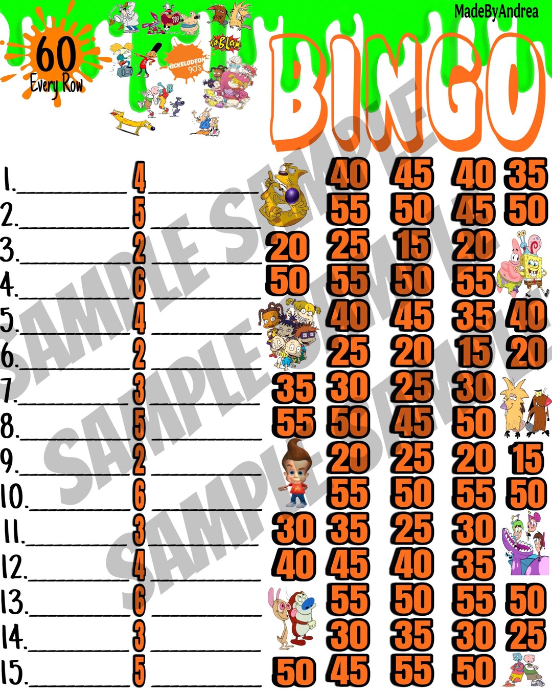 Nickelodeon Bingo 60 Double Board - Etsy