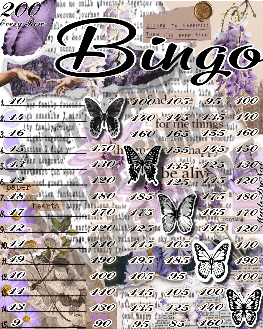 Purple Aesthetic Bingo Board 200 WTA - Etsy