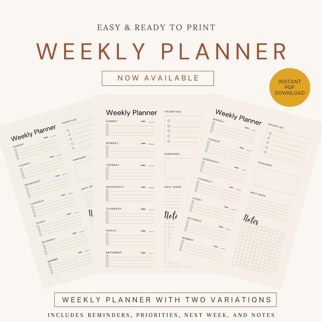 Weekly Planner Printable Landscape, Minimalist Weekly Schedule, Week at ...