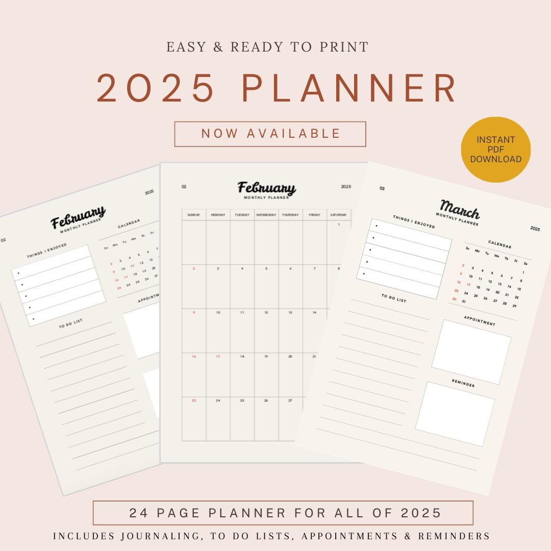2025 Dated Monthly Printable Planner, Ink Friendly Minimalist Design ...