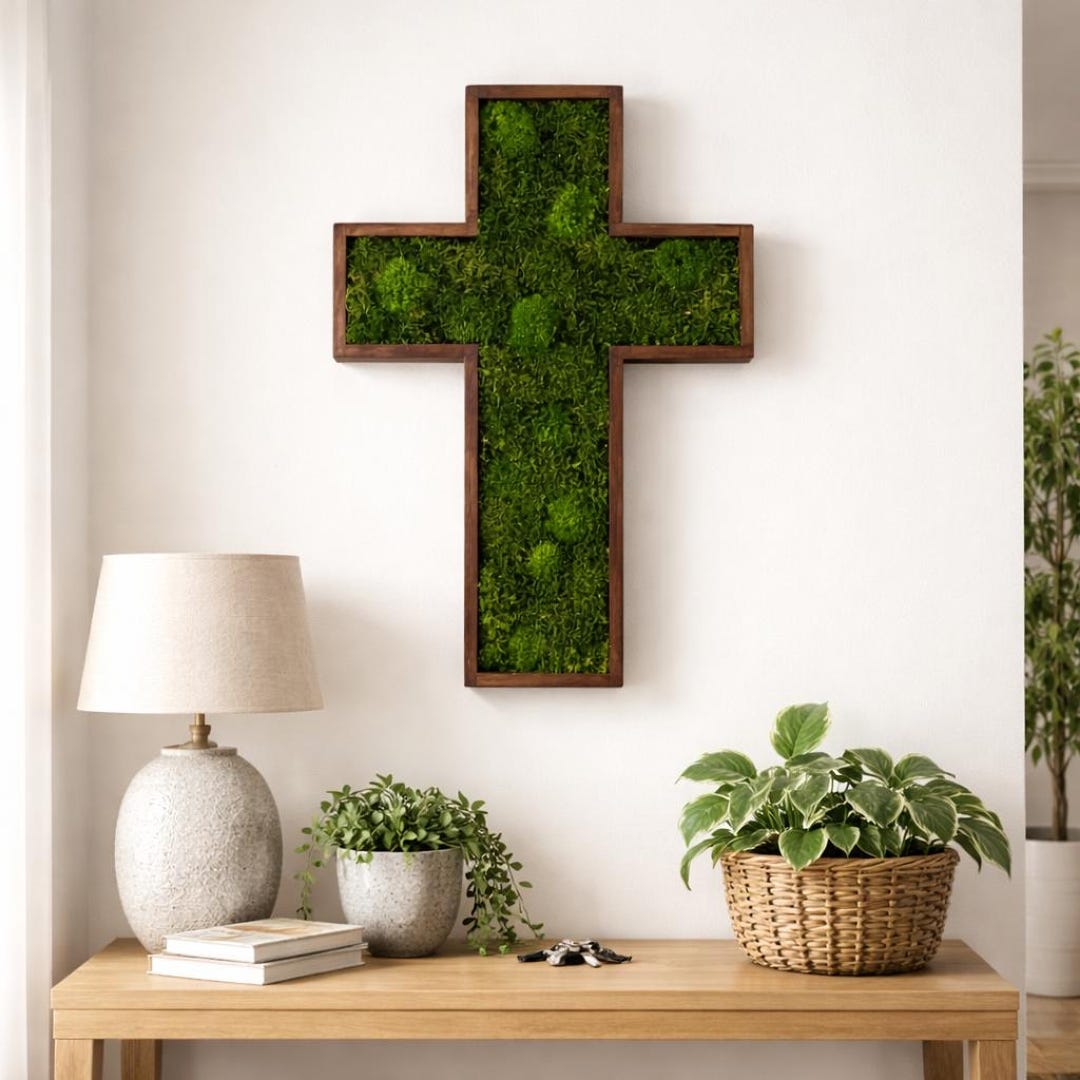 Moss Cross Wall Art Wooden Frame Christian Home Decor Gift - Etsy