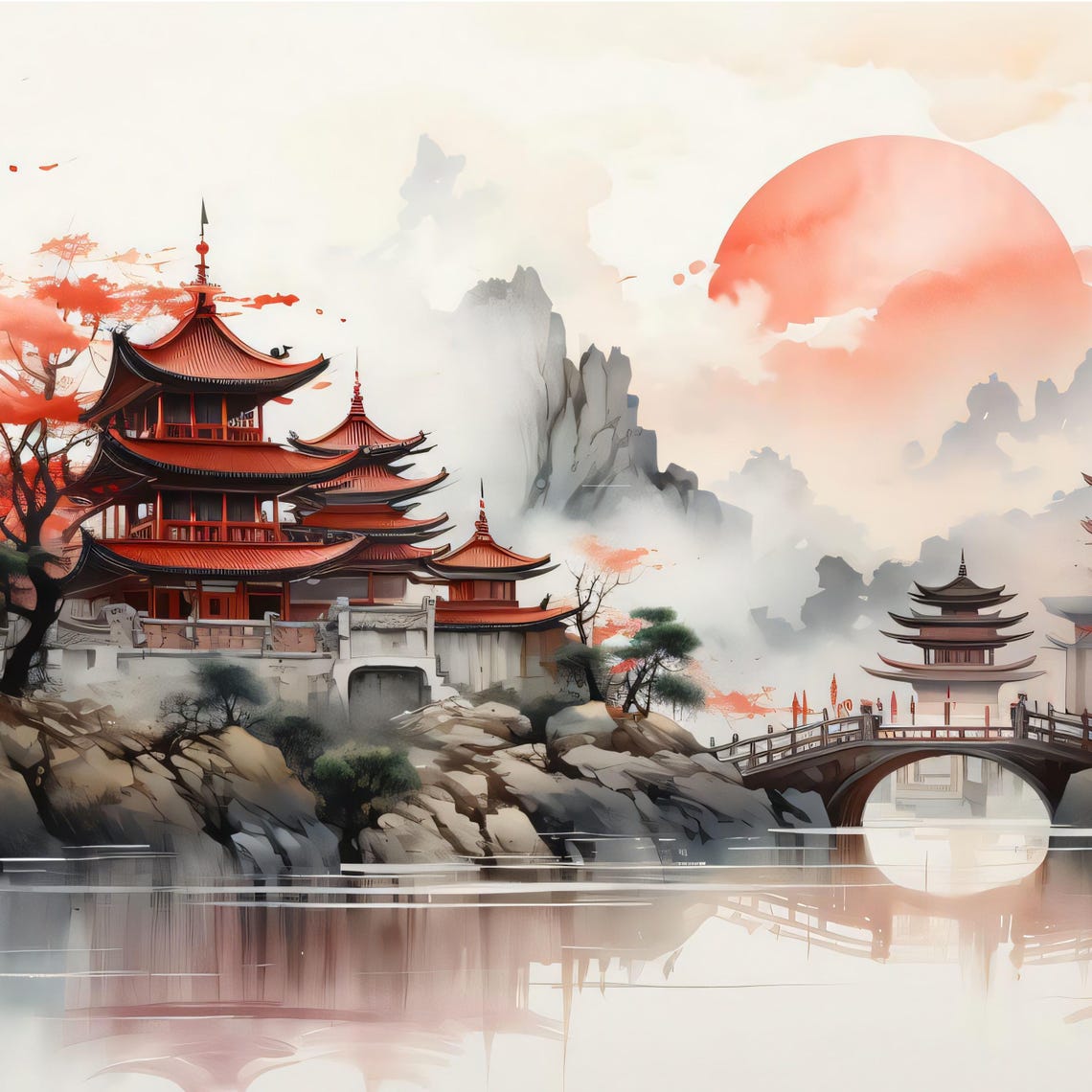 Traditional Chinese Ink Painting - Serene Red Pagoda Landscape With ...