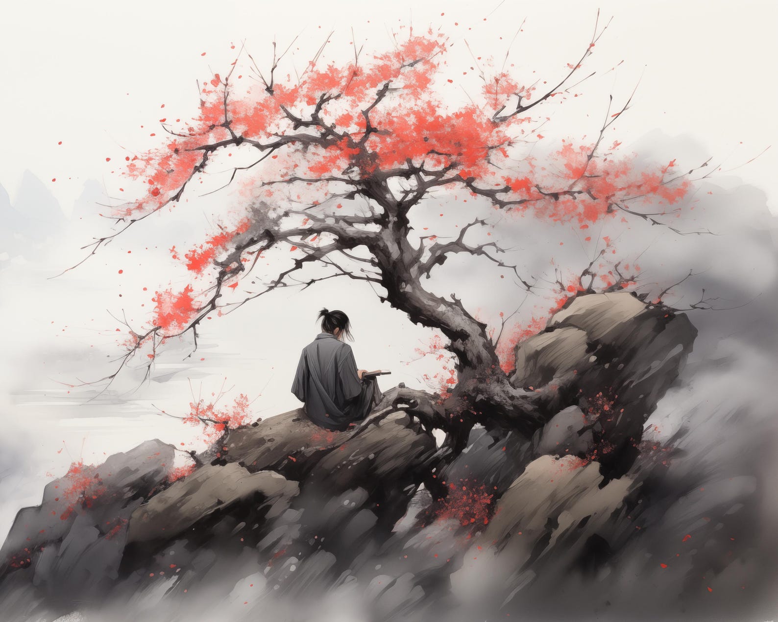 Serene Samurai Under Cherry Blossom – Traditional Ink Wash Art Print - Etsy