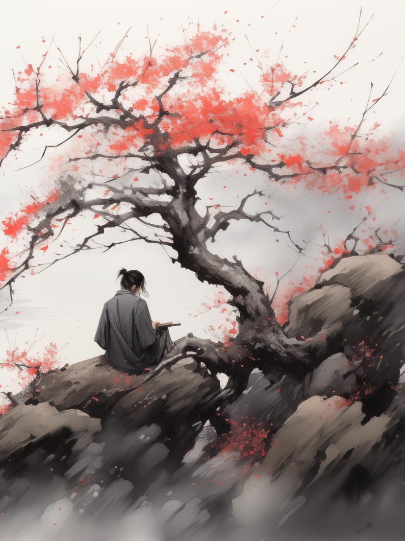 Serene Samurai Under Cherry Blossom – Traditional Ink Wash Art Print - Etsy