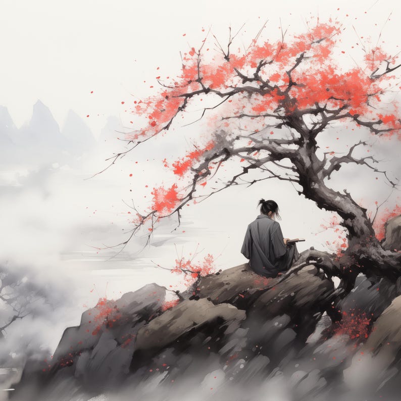 Serene Samurai Under Cherry Blossom – Traditional Ink Wash Art Print - Etsy