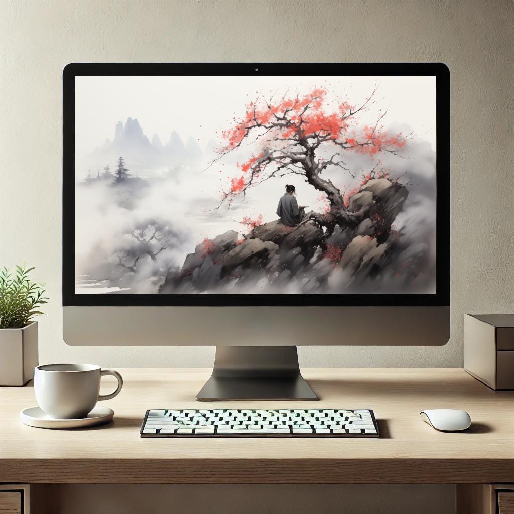Serene Samurai Under Cherry Blossom – Traditional Ink Wash Art Print - Etsy