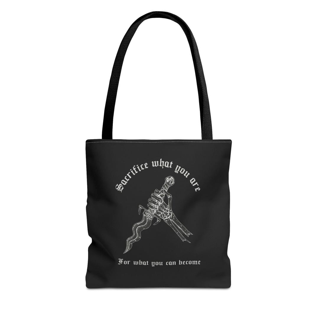 Gothic Sacrifice Tote Bag | Skeleton Hand With Sword and Inspirational ...