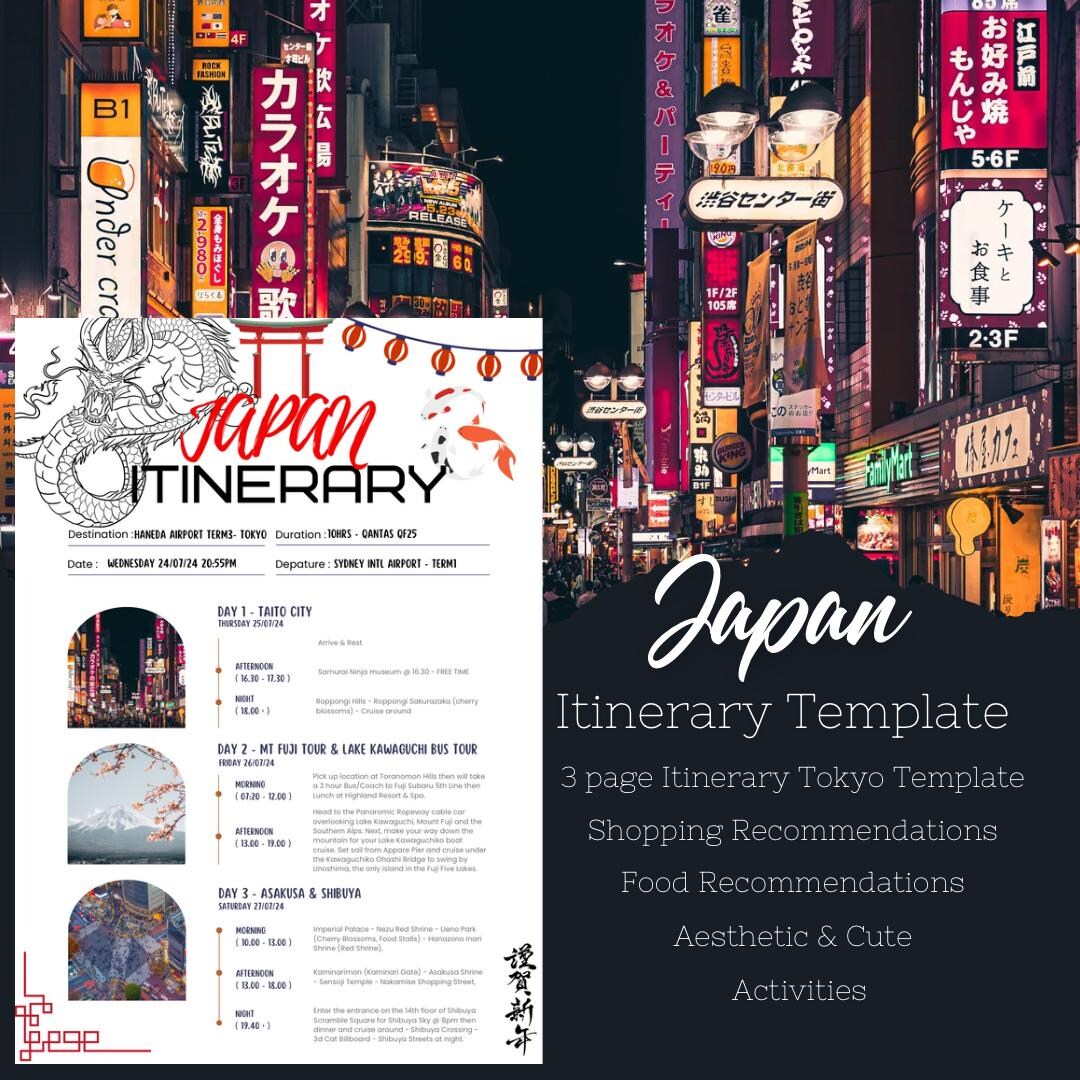 Japan Travel Itinerary, Digital Girls Trip Itinerary Template, Travel ...