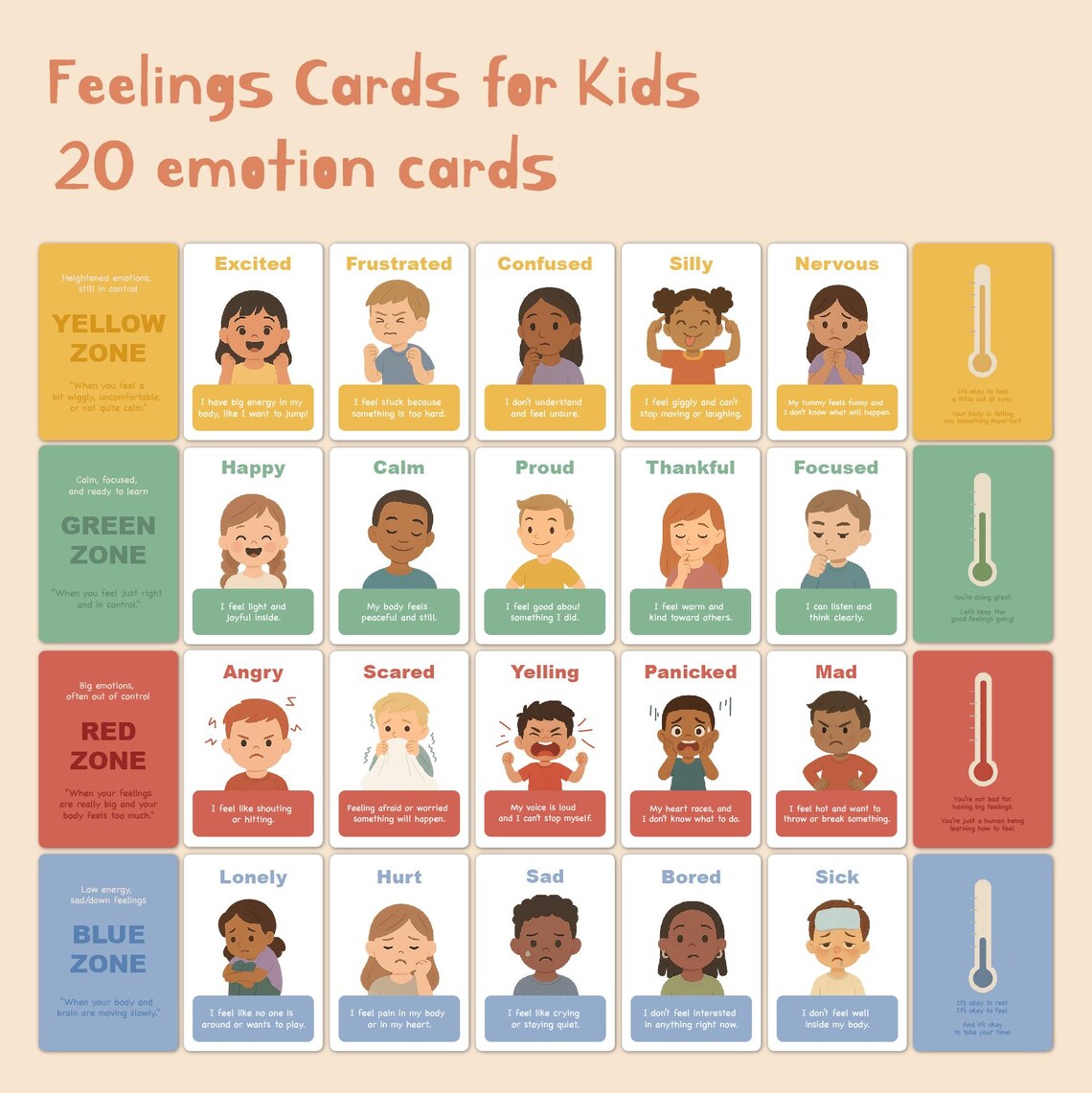 Emotion Flashcards, Zones of Regulation Cards for Kids – Calming Corner ...