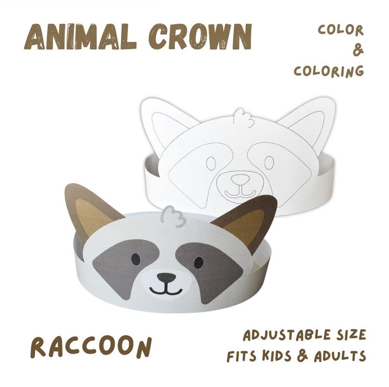 Printable Raccoon Crown: Kids Animal Coloring Party Hat (PDF Download ...