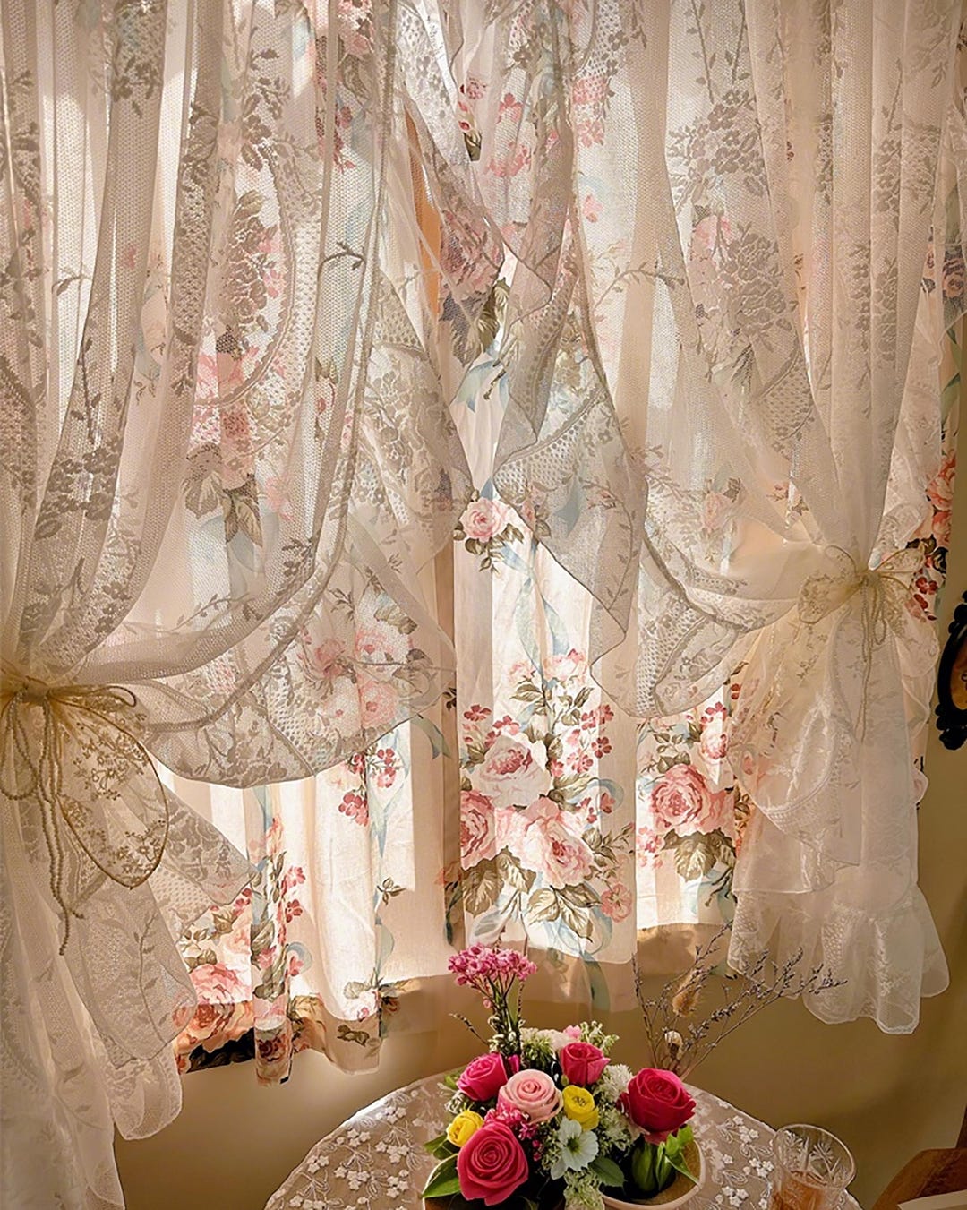 French Retro Floral Double Lace Curtains, Romantic Ruffles Lace Curtain ...