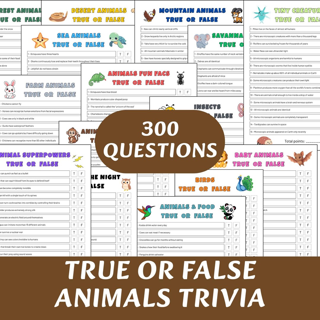 Animal True or False Bundle, 300 Animal Facts for Kids, Seniors ...
