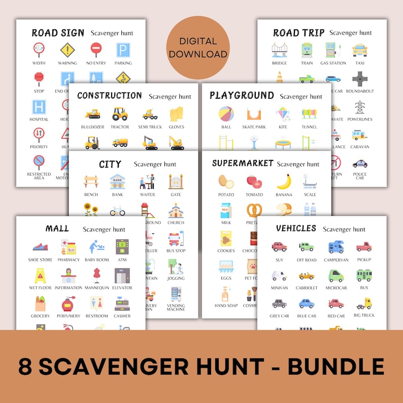 Bundle Scavenger Hunt for Kids 8 Printable Activities Road Trip, Mall ...