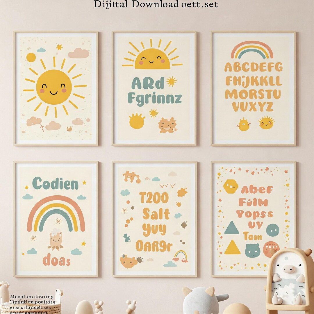 Set of 6 Playroom Posters, Sun Playroom Poster, Rainbow Nursery Wall ...