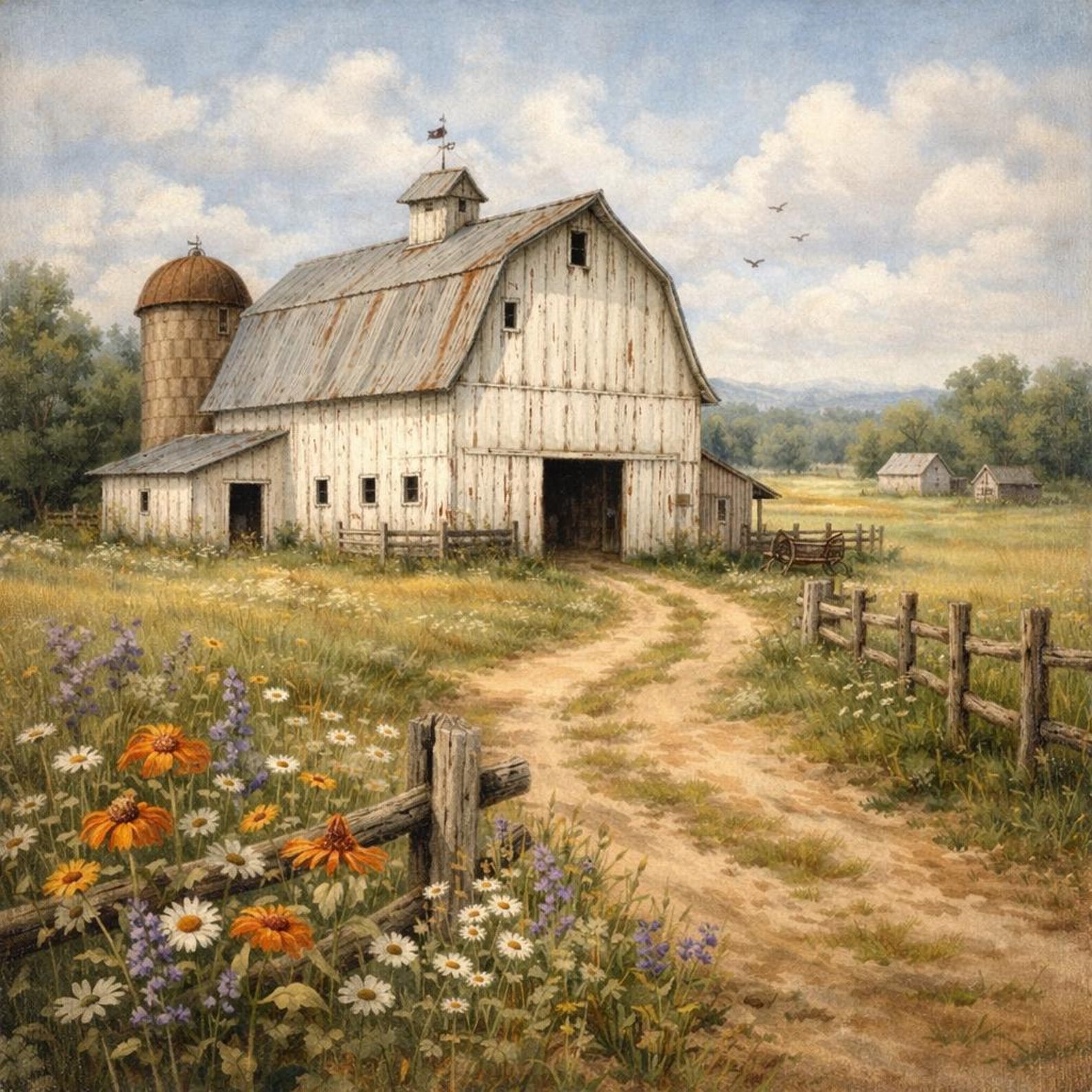 Printable Rustic Barn Art, White Barn Painting, Rustic Farmhouse Summer ...