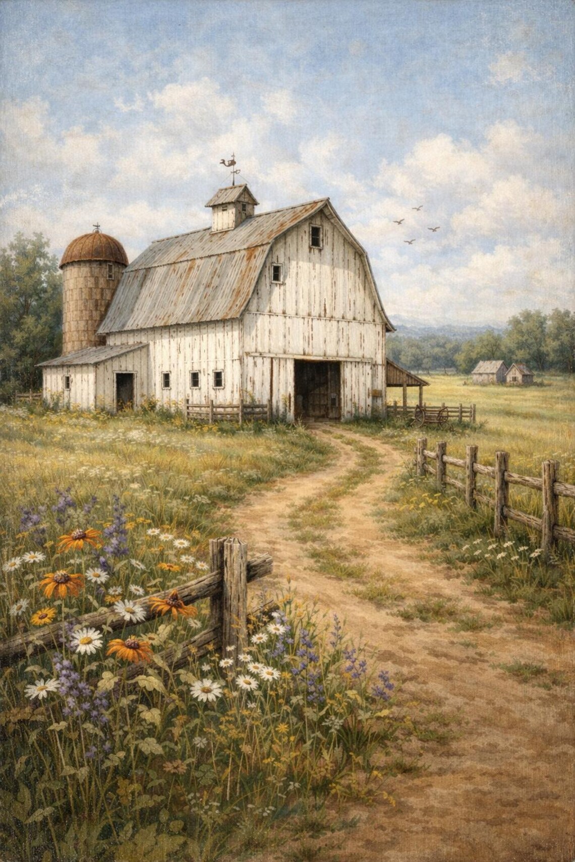 Printable Rustic Barn Art, White Barn Painting, Rustic Farmhouse Summer ...