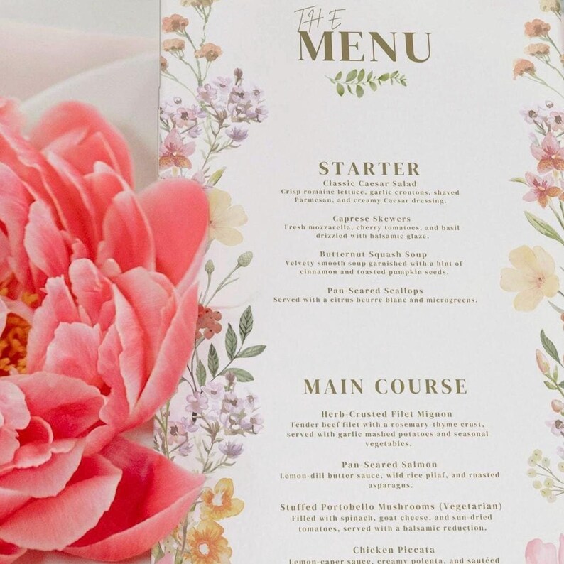 Wildflower Menu Template | Floral Wedding Menu Template | Pastel ...