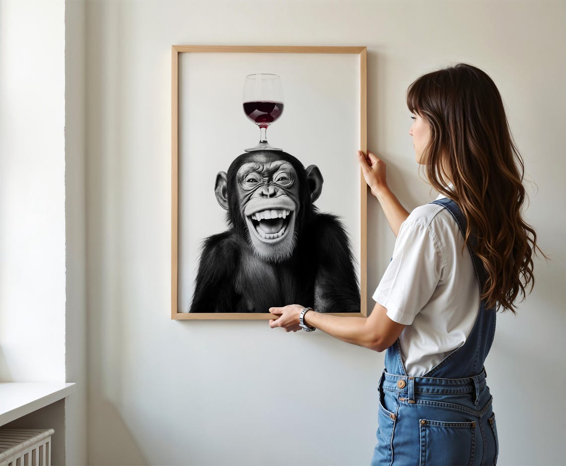 Funny Chimpanzee Printable Wall Art Digital Download Chimp Wine Glass ...
