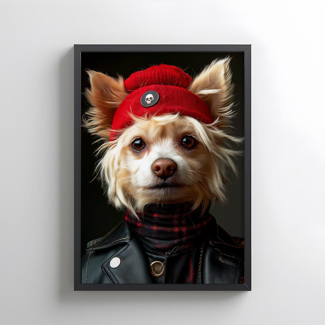 Punk Rock Dog in Red Beanie Wall Art Print - Cool Pet Portrait Decor ...