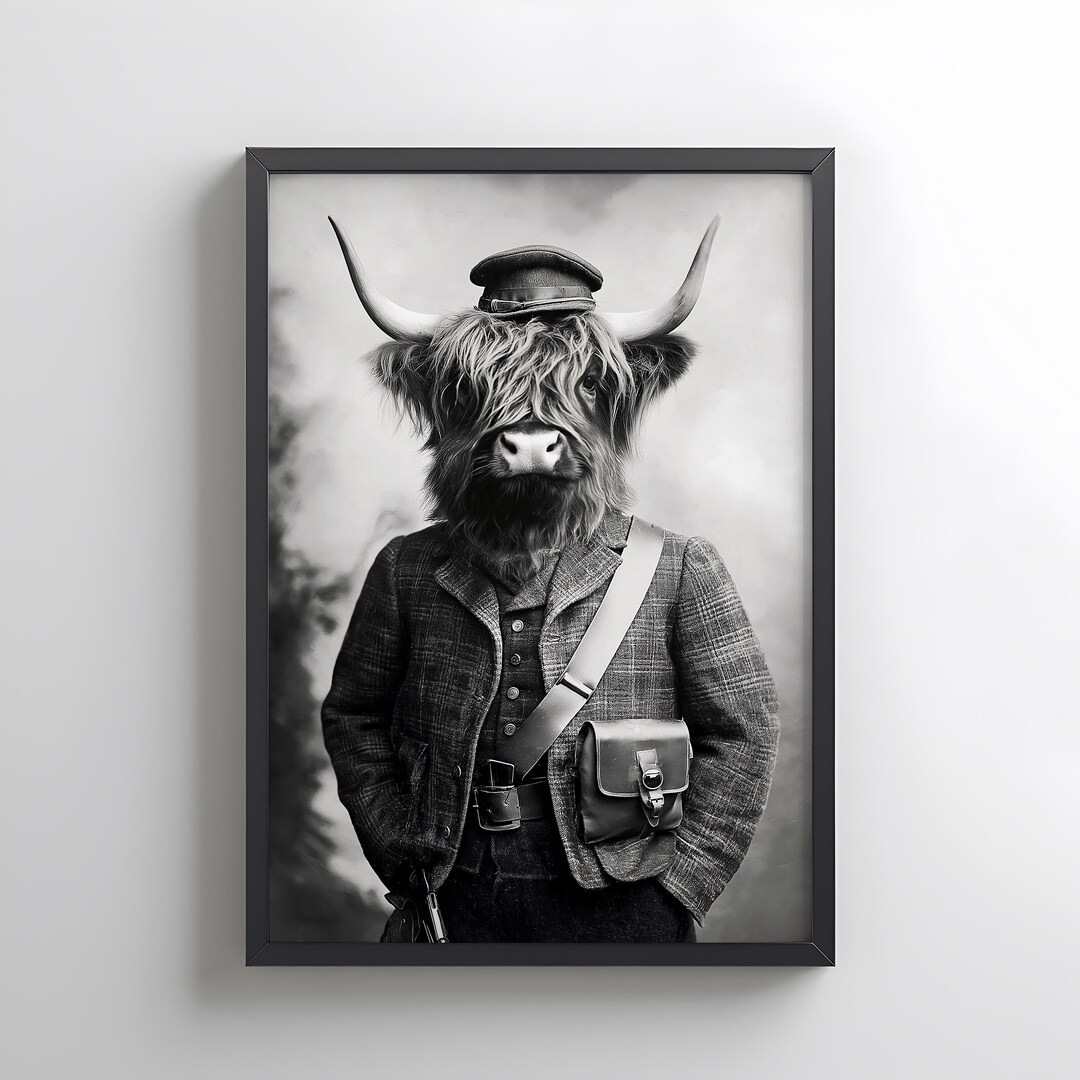 Highland Cow Captain Print, Military Cow Portrait, Black White Vintage ...