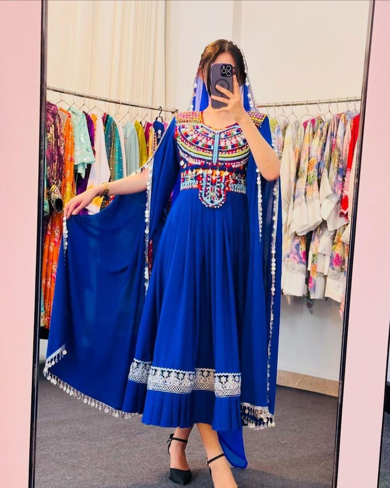 Handmade Afghan Traditional Dress – Blue Embroidered Gown With Beaded ...