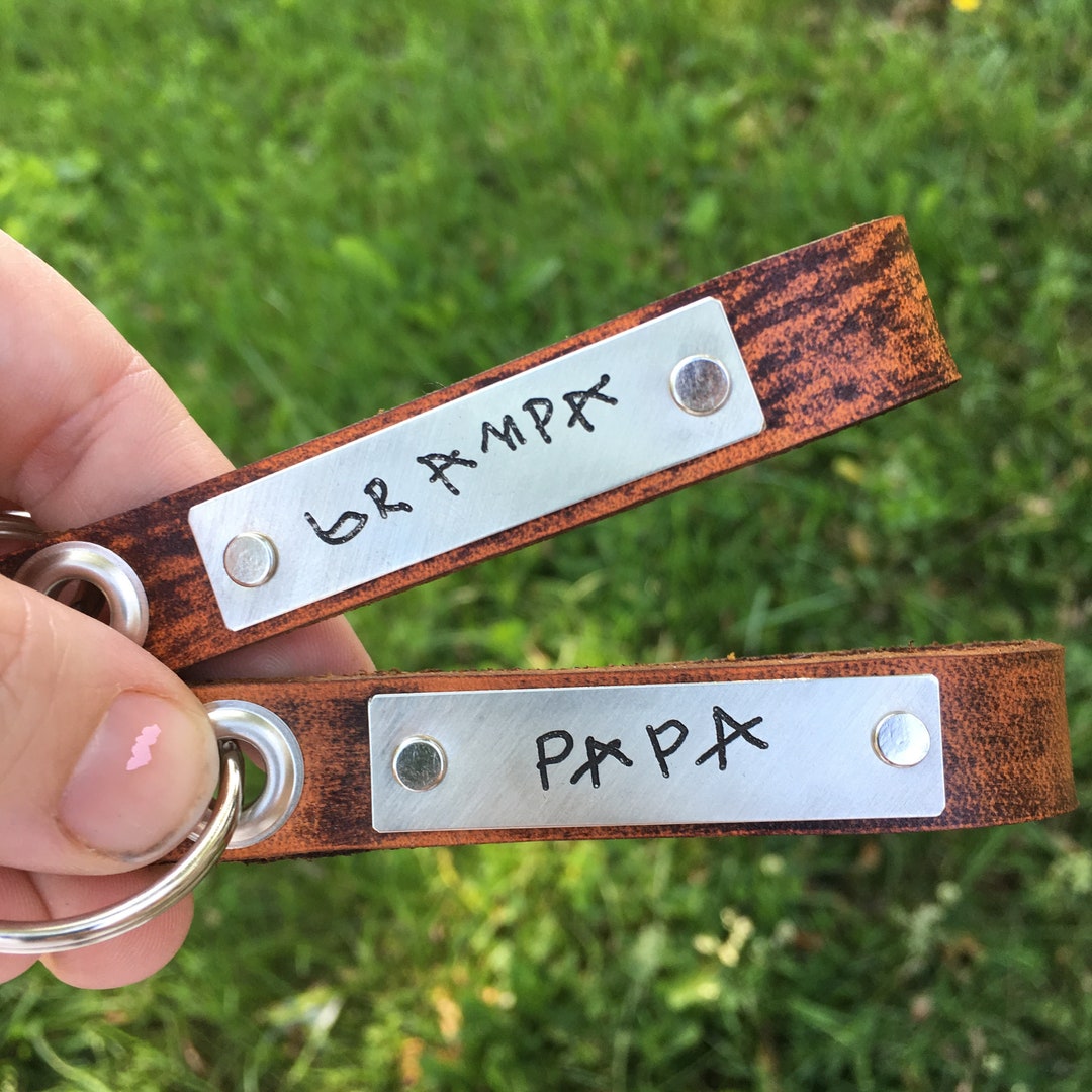 Grandpa Papa Kid Handwriting Custom Leather Keychain - Etsy