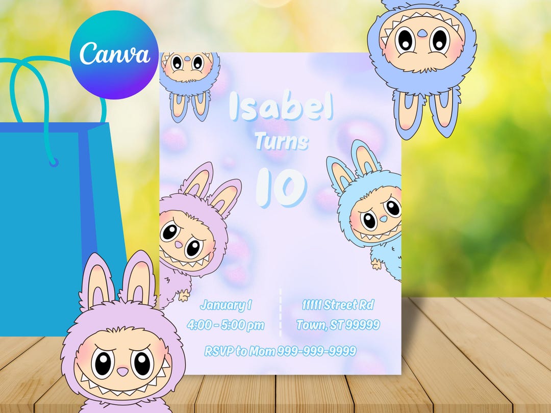 Editable the Monsters Labubu Birthday Invite, Blue Labubu Birthday ...