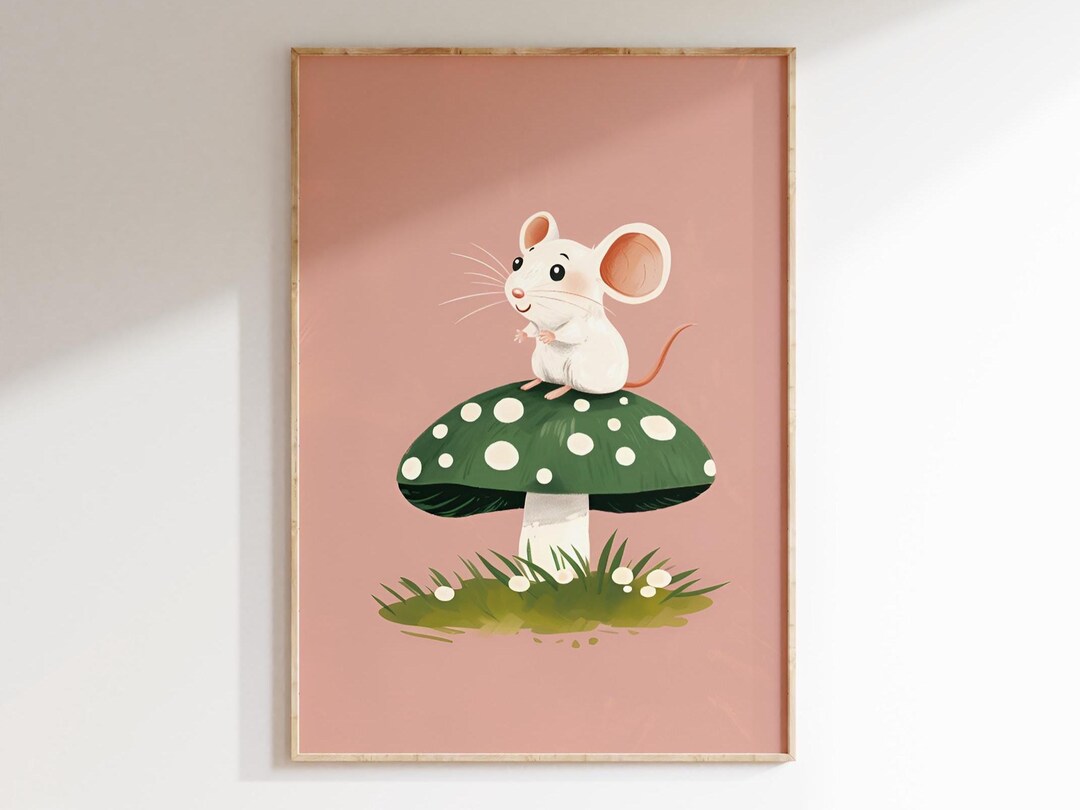 Mouse on Toadstool Wall Art Print | Whimsical Nursery Poster | Pink ...