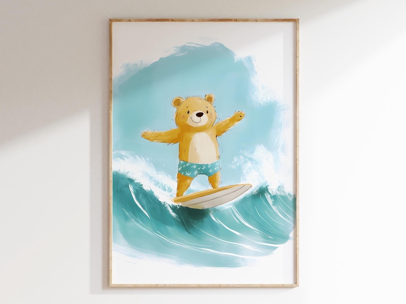 Surfing Bear Print | Watercolor Animal Art | Beach Nursery Decor | Cute ...