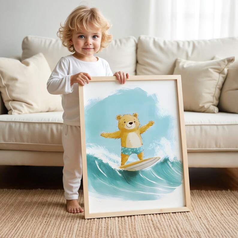 Surfing Bear Print | Watercolor Animal Art | Beach Nursery Decor | Cute ...