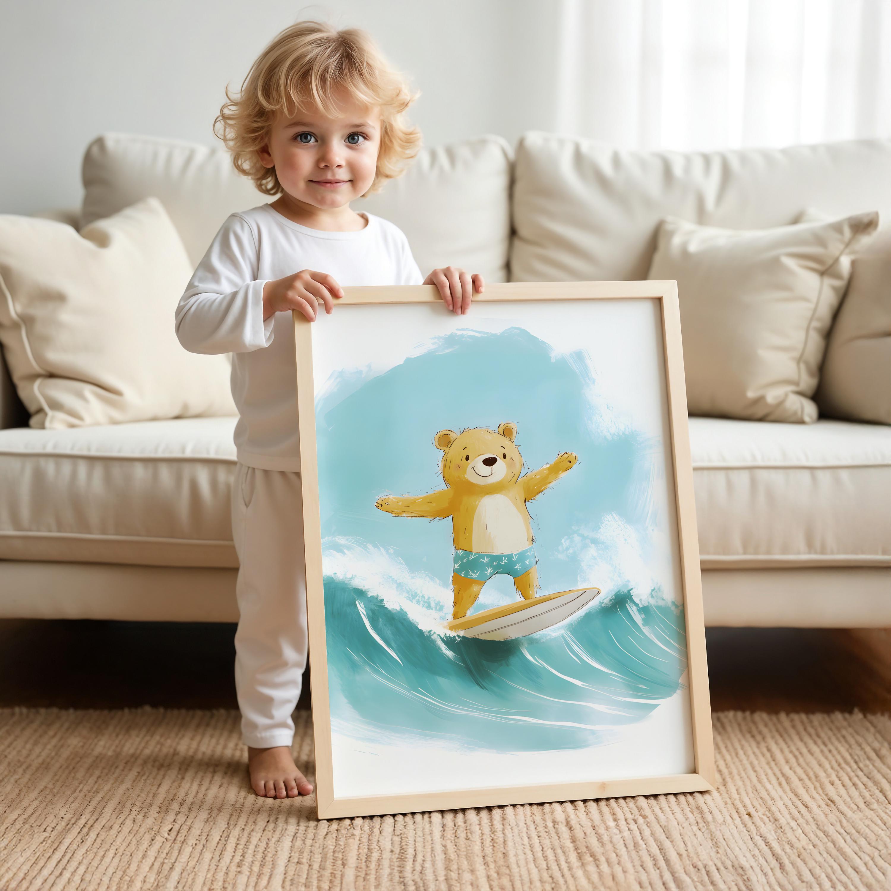 Surfing Bear Print | Watercolor Animal Art | Beach Nursery Decor | Cute ...
