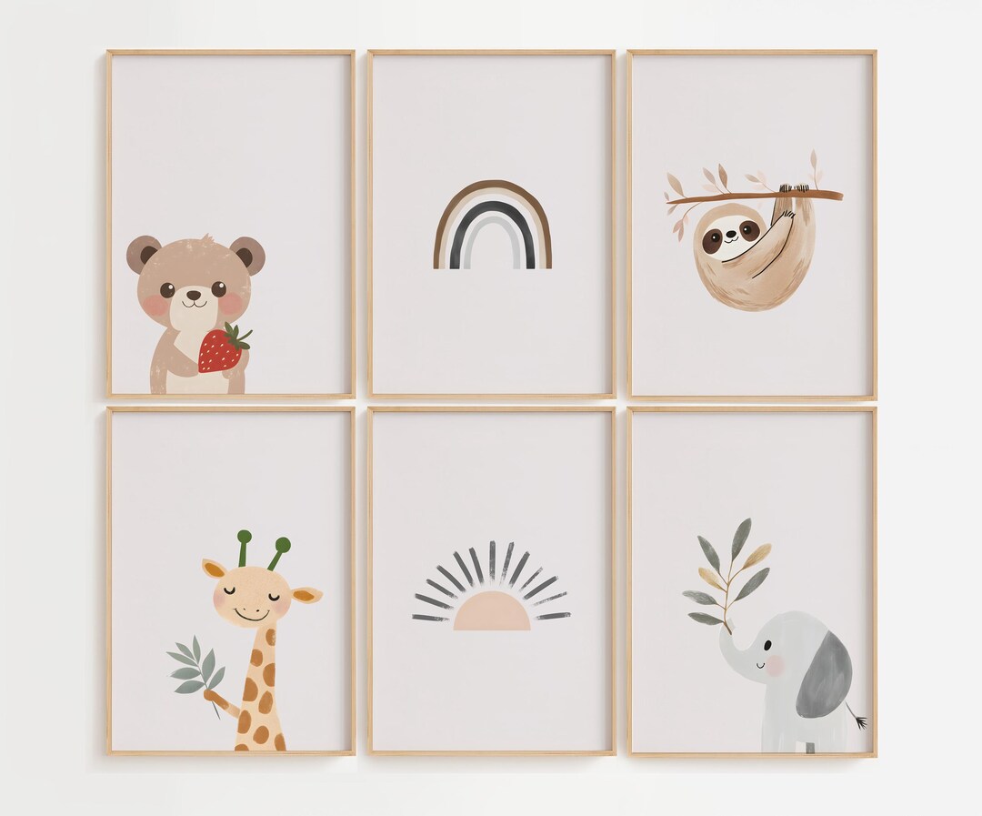 Boho Animal Print Set | Neutral Nursery Decor | Set of 6 Prints | Sun ...
