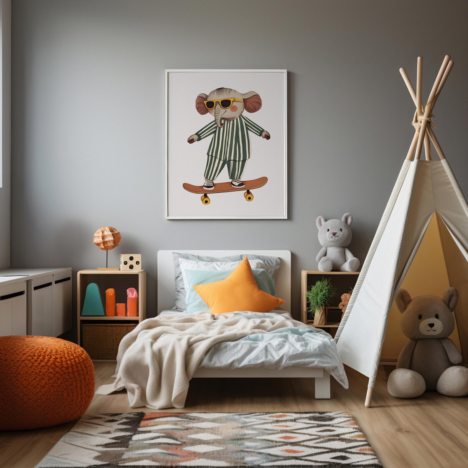 Retro Elephant Skater Print | Cool Animal Wall Art for Kids Room ...