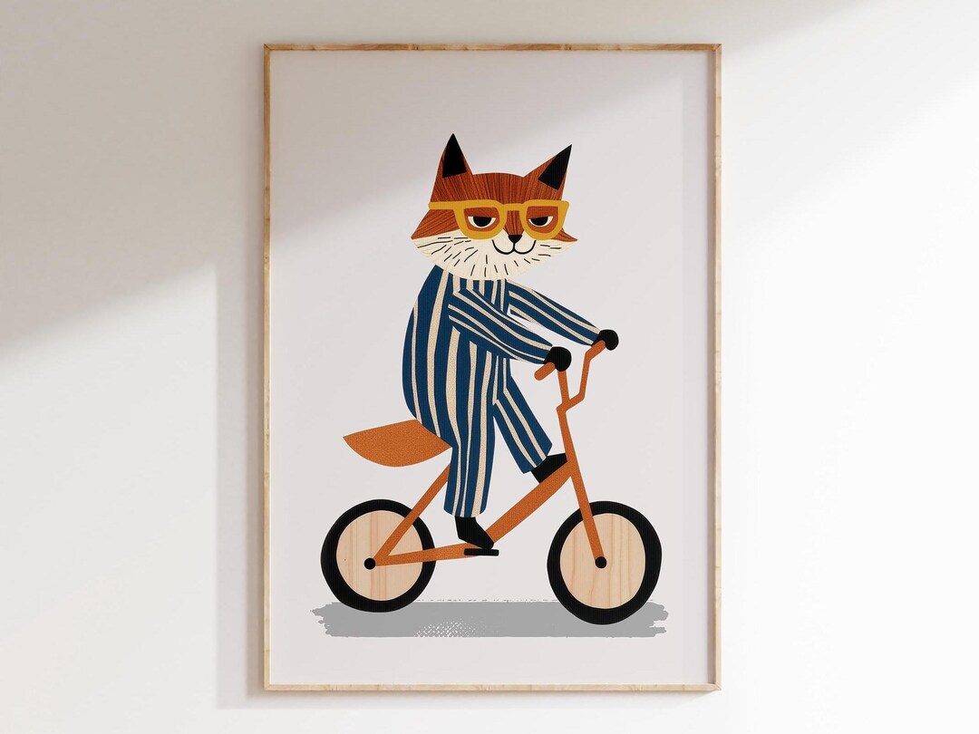 Retro Fox on Bike Wall Art | Cool Red Fox Nursery Print | Fun Boys Room ...