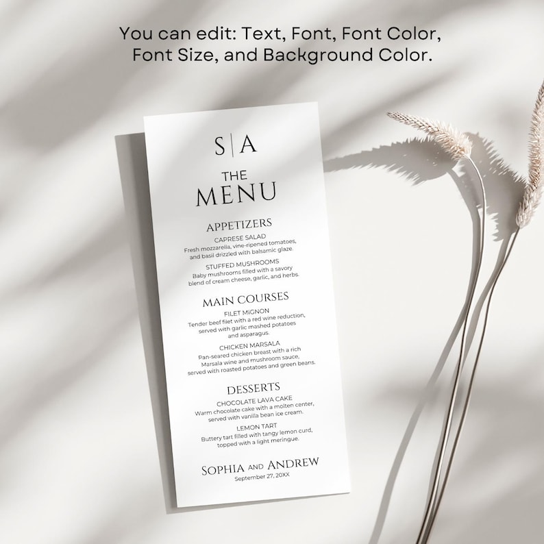 Minimalist Wedding Menu Card Template, 4x9" Editable and Printable ...