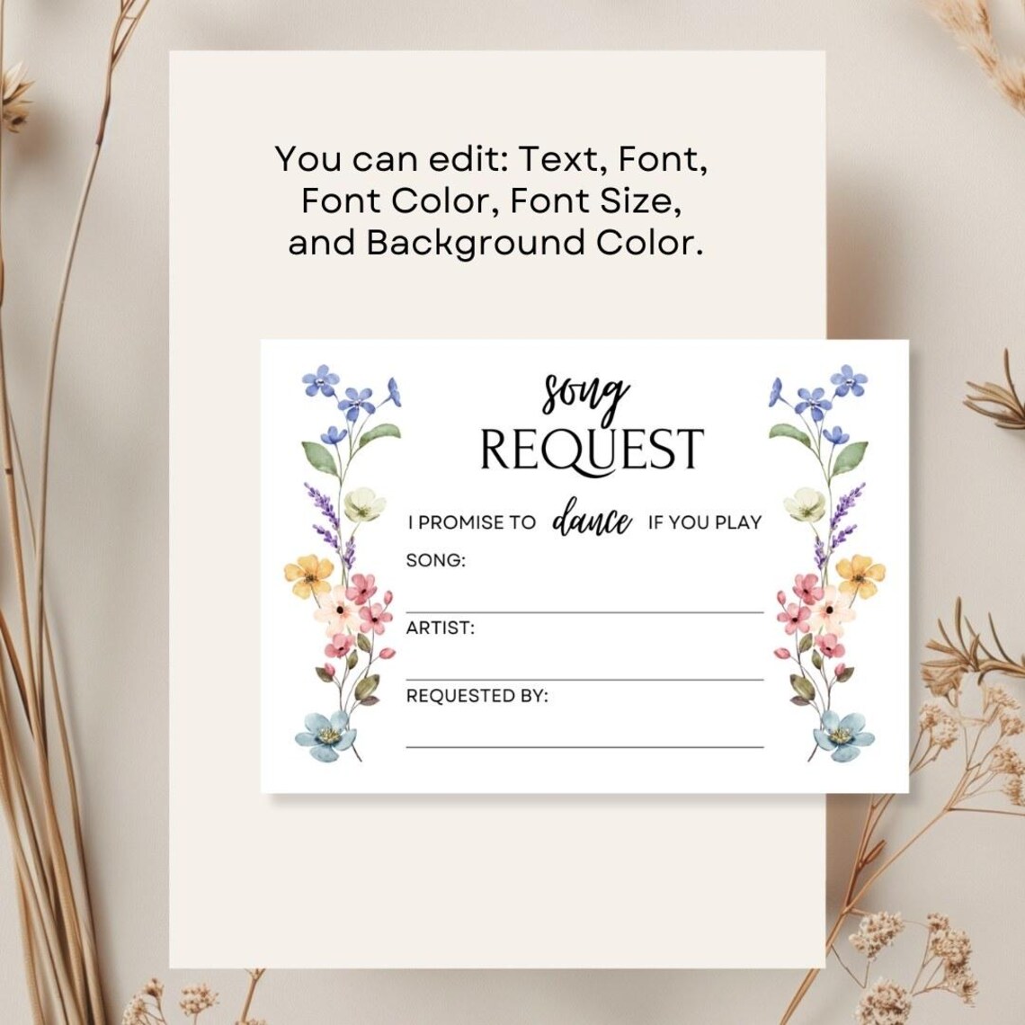 Wildflower Wedding Song Request Card Canva Template, Editable ...