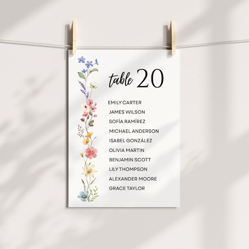 Wedding Seating Chart Cards Template, Boho Editable, Wildflower Floral ...