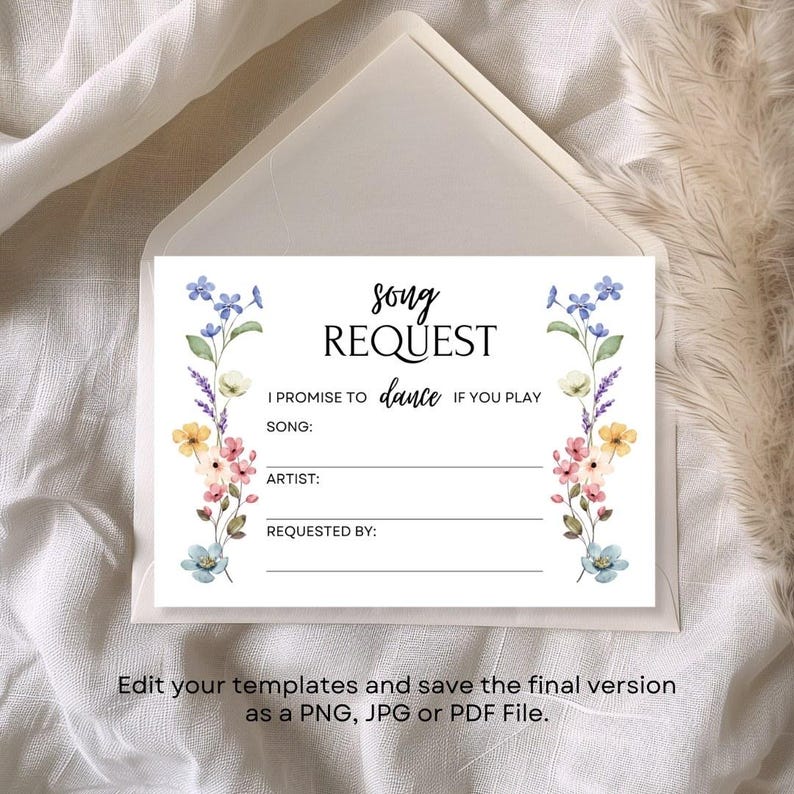 Wildflower Wedding Song Request Card Canva Template, Editable ...